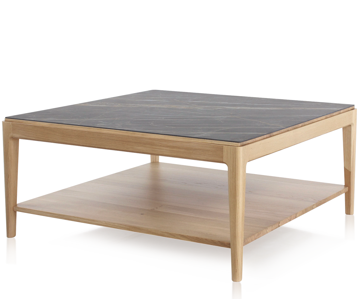 Table basse carrée en chêne naturel dessus céramique effet marbre noir avec tablette 100x100 cm ...